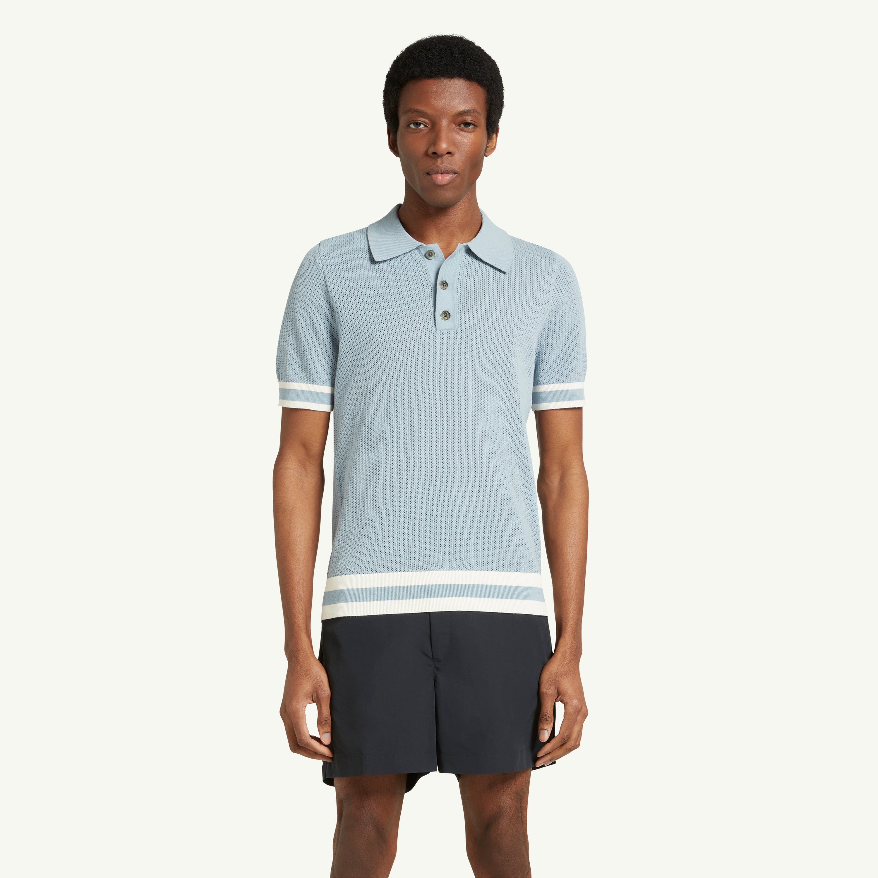 Powder Blue Knitted Cotton Short Sleeve Quinn Polo | CHÉ Studios