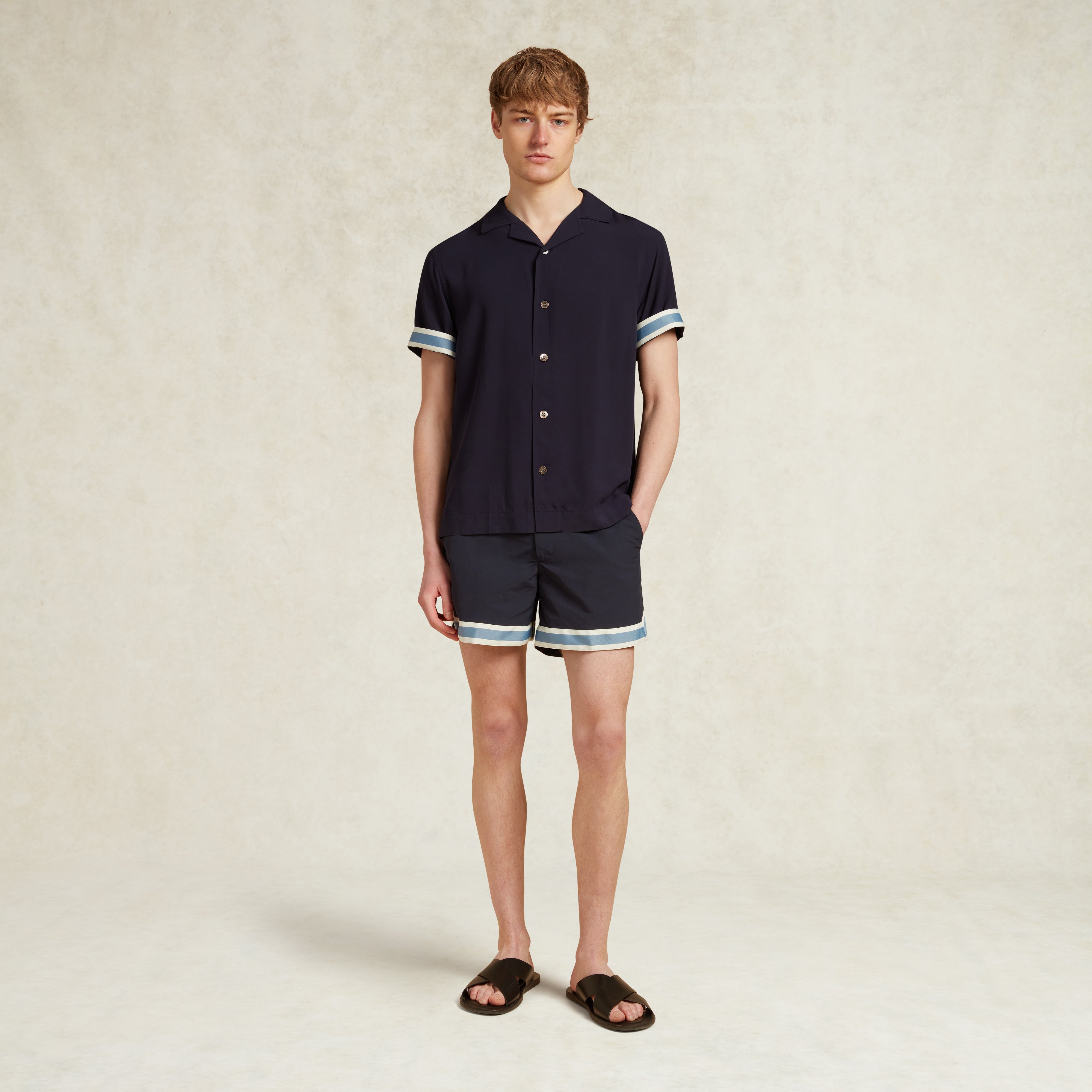 Navy / Blue Cuban Collar Short Sleeve Viscose Valbonne Shirt | CHÉ Studios